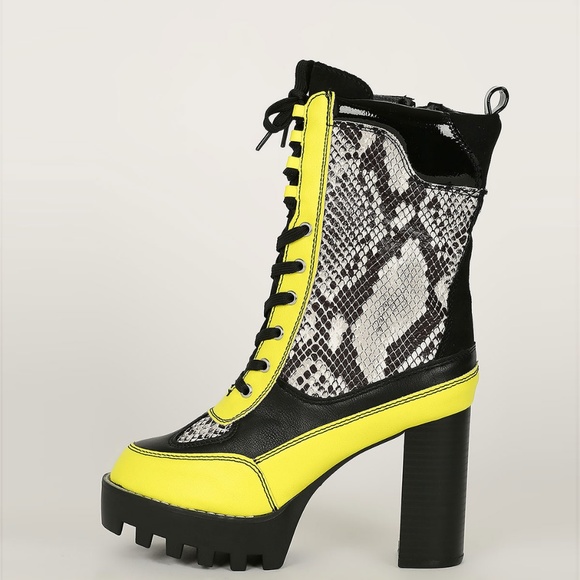 BAMBOO | Shoes | New Neon Yellow Snake High Heel Combat Booties | Poshmark